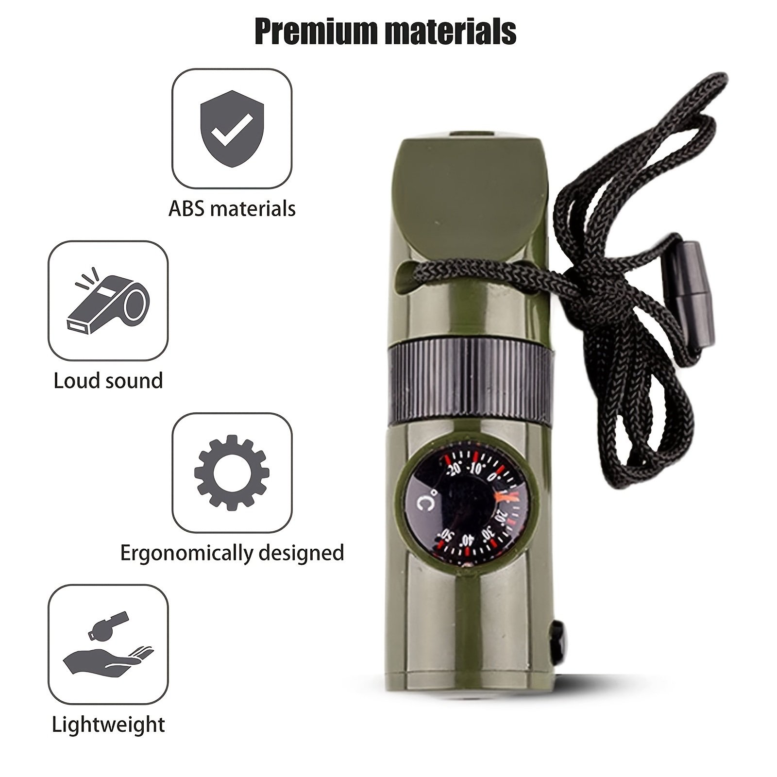 ABS 7 In 1 Multifunctional Survival Whistle With LED Light; Compass ...