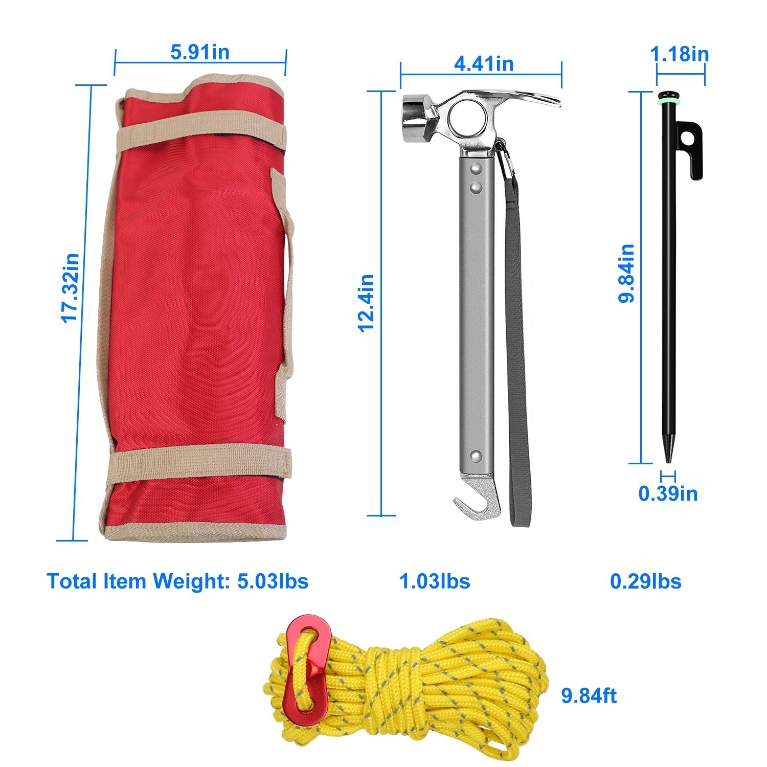 Tent Stakes Camping Hammer Tent Pegs Set Camping Accessories Kit with 9 ...